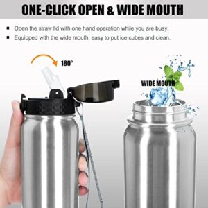 Insulated Water Bottle 32 oz Stainless Steel Water Bottles with One-Click Open Straw Lid,Double Wall Vacuum Wide Mouth BPA Free Sweat/Leak-Proof for Sports Gym Travel Camping(Pink-Purple)