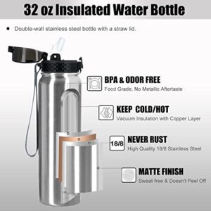 Insulated Water Bottle 32 oz Stainless Steel Water Bottles with One-Click Open Straw Lid,Double Wall Vacuum Wide Mouth BPA Free Sweat/Leak-Proof for Sports Gym Travel Camping(Pink-Purple)