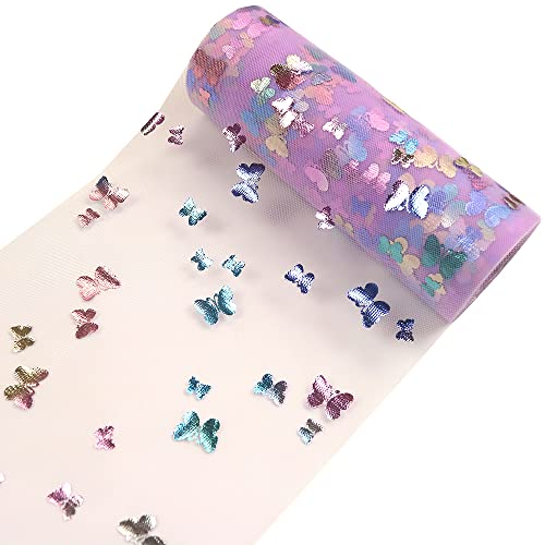 Yuanchuan Butterfly Glitter Tulle Rolls 6 inch x 10 Yards (30 feet) Purple for Table Runner Chair Sash Bow Pet Tutu Skirt Sewing Crafting Fabric Wedding Unicorn Halloween Party Gift Ribbon (Purple)