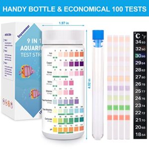 9 in 1 Aquarium Test Strips, 100 Strips Aquarium Test Kits for Freshwater Saltwater, Aquarium Water Test Kit, Pond Fish Tank Test Strips Testing Iron, Copper, Nitrite, Nitrate, pH, Carbonate and More