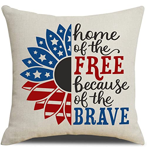 PSDWETS Patriotic Sunflower Pillow Covers 18x18,4th of July Independence Day Decorations Cushion Case for Sofa,Home of The Free Because of The Brave