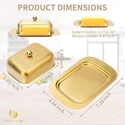 Snailhouse Butter Dish, Stainless Steel Covered Butter Holder Container Tray Storage with Handle Lid for Countertop, Gold