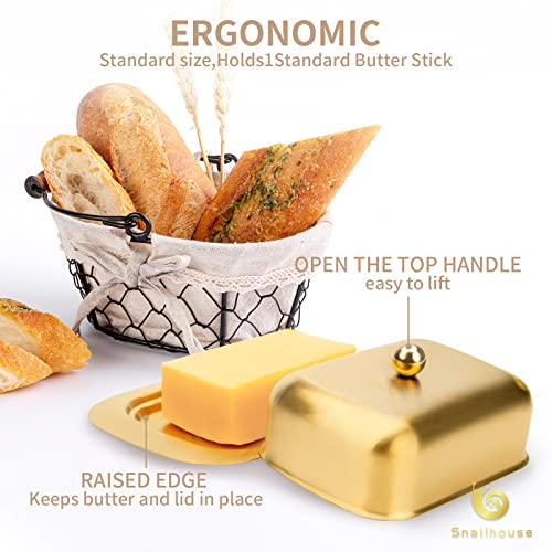 Snailhouse Butter Dish, Stainless Steel Covered Butter Holder Container Tray Storage with Handle Lid for Countertop, Gold