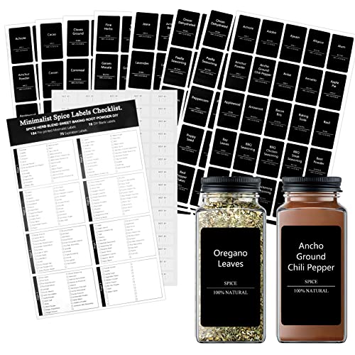 FYY Kitchen Labels, 275 Spice Jar Labels,Minimalist Matte Black Sticker White Text Label +Blank Stickers,Waterproof,Tear Resistant,Write On,Pantry Labels,Organization for Jars Bottles Containers Bins