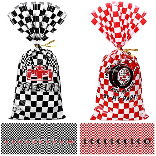 100 Pack Racing Car Candy Bags Car Favor Cellophane Bags Black and White Race Car Treat Bags Checkered Soccer Theme Goodie Bags with 100 Gold Twist Ties for Race Themed Birthday Party Supplies