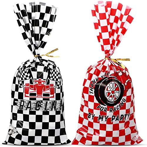 100 Pack Racing Car Candy Bags Car Favor Cellophane Bags Black and White Race Car Treat Bags Checkered Soccer Theme Goodie Bags with 100 Gold Twist Ties for Race Themed Birthday Party Supplies