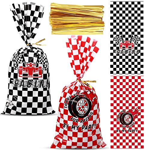 100 Pack Racing Car Candy Bags Car Favor Cellophane Bags Black and White Race Car Treat Bags Checkered Soccer Theme Goodie Bags with 100 Gold Twist Ties for Race Themed Birthday Party Supplies