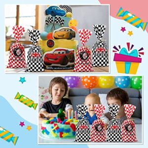 100 Pack Racing Car Candy Bags Car Favor Cellophane Bags Black and White Race Car Treat Bags Checkered Soccer Theme Goodie Bags with 100 Gold Twist Ties for Race Themed Birthday Party Supplies