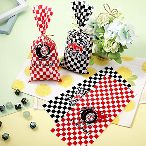 100 Pack Racing Car Candy Bags Car Favor Cellophane Bags Black and White Race Car Treat Bags Checkered Soccer Theme Goodie Bags with 100 Gold Twist Ties for Race Themed Birthday Party Supplies