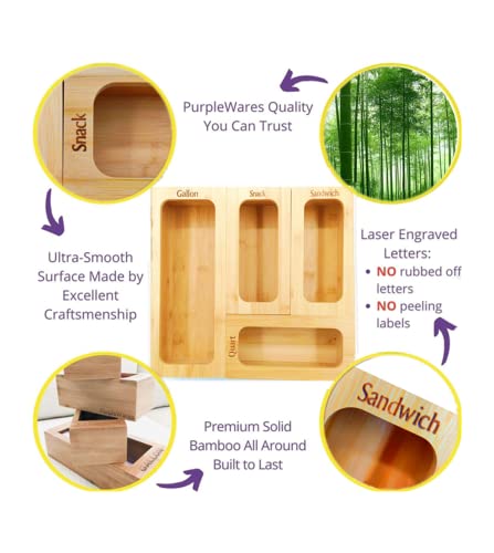 BATUMEYE Bag Storage Organizer Holder - Premium Moso Bamboo Kitchen Drawer Organizer Dispenser Compatible with Ziploc, Solimo, Glad, Hefty for Gallon, Quart, Sandwich & Snack