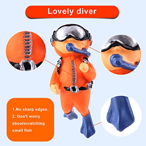 TOYMIS 2 Pack Fish Tank Decorations, Cute Little Diver Aquarium Decoration Fish Tank Aquarium Diver Ornament Floating Aquarium Accessories (Orange, Blue)