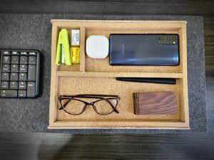 deskvue desktray(12''x9"), desk accessories, walnut teak wood, home office, table organizer, natural cork, handmade desk storage, (matt white with cork interior)