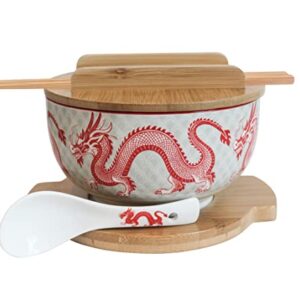 XWORLD Japanese Ceramic Ramen Noodle Bowls Set with Ceramic Spoon, Bamboo Chopsticks, Lid & Trivet, Serving Capacity of 33.8 OZ, Microwavable Oven Safety (3.3” x 6.6” D) (Red Dragon)