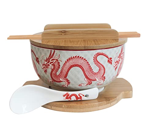 XWORLD Japanese Ceramic Ramen Noodle Bowls Set with Ceramic Spoon, Bamboo Chopsticks, Lid & Trivet, Serving Capacity of 33.8 OZ, Microwavable Oven Safety (3.3” x 6.6” D) (Red Dragon)