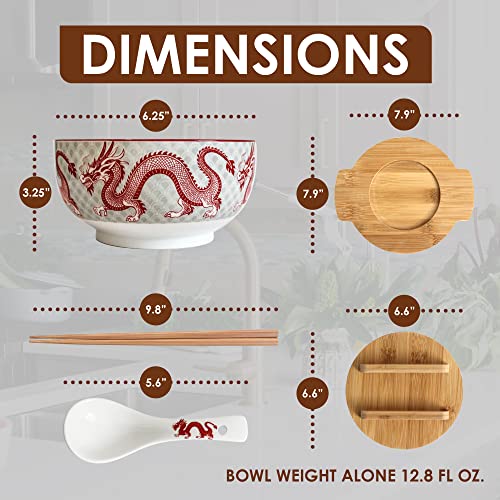 XWORLD Japanese Ceramic Ramen Noodle Bowls Set with Ceramic Spoon, Bamboo Chopsticks, Lid & Trivet, Serving Capacity of 33.8 OZ, Microwavable Oven Safety (3.3” x 6.6” D) (Red Dragon)