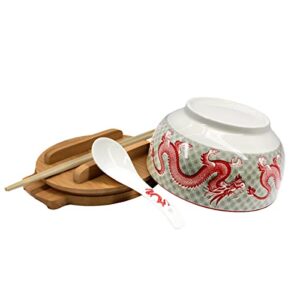 XWORLD Japanese Ceramic Ramen Noodle Bowls Set with Ceramic Spoon, Bamboo Chopsticks, Lid & Trivet, Serving Capacity of 33.8 OZ, Microwavable Oven Safety (3.3” x 6.6” D) (Red Dragon)