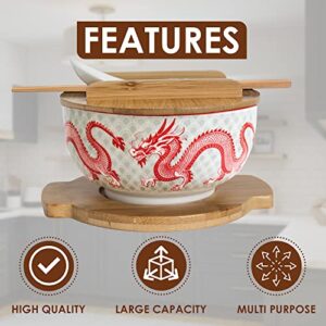 XWORLD Japanese Ceramic Ramen Noodle Bowls Set with Ceramic Spoon, Bamboo Chopsticks, Lid & Trivet, Serving Capacity of 33.8 OZ, Microwavable Oven Safety (3.3” x 6.6” D) (Red Dragon)