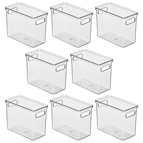 mDesign Slim Plastic Stackable Bathroom Cabinet Storage Bin Box with Handles/Lid, Drawer Stacking Organizer for Soap, Lotion, Towels, and Accessories, Ligne Collection, 8 Pack, Clear