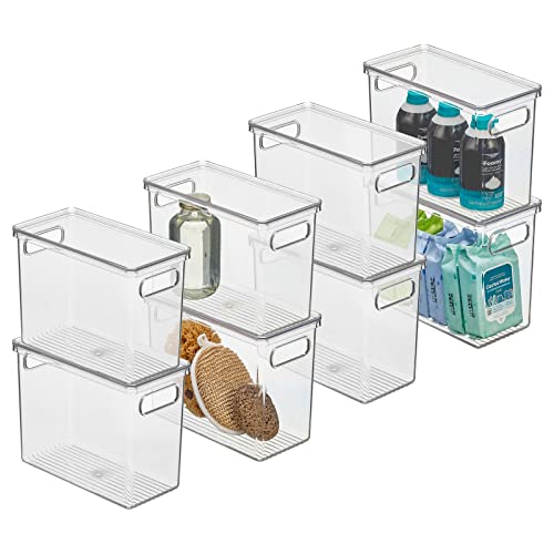 mDesign Slim Plastic Stackable Bathroom Cabinet Storage Bin Box with Handles/Lid, Drawer Stacking Organizer for Soap, Lotion, Towels, and Accessories, Ligne Collection, 8 Pack, Clear