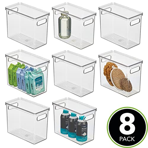 mDesign Slim Plastic Stackable Bathroom Cabinet Storage Bin Box with Handles/Lid, Drawer Stacking Organizer for Soap, Lotion, Towels, and Accessories, Ligne Collection, 8 Pack, Clear