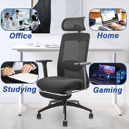 MUIGELS Ergonomic Office Chair - High Back Computer Desk Chair with Adjustable Lumbar Headrest Arms Support and Tilt Function, Comfy Rolling Swivel Task Chair for Home Conference Room Office Bedroom