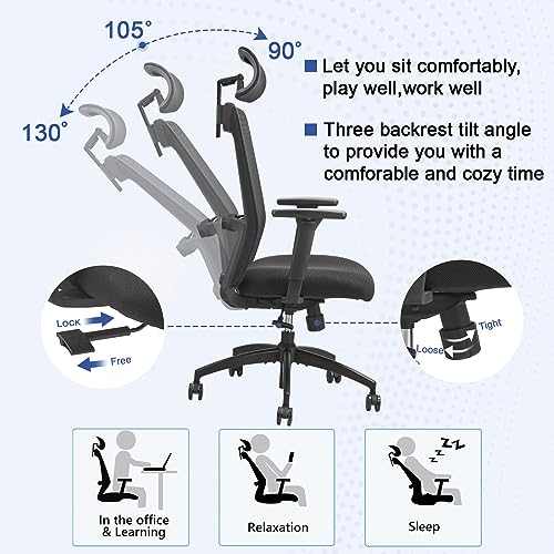 MUIGELS Ergonomic Office Chair - High Back Computer Desk Chair with Adjustable Lumbar Headrest Arms Support and Tilt Function, Comfy Rolling Swivel Task Chair for Home Conference Room Office Bedroom