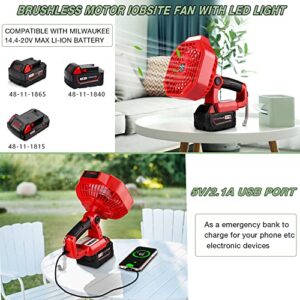 WaxPar For Milwaukee Fan Cordless Jobsite Fan, USB Floor Fan Tent Fan with Light Compatible with Milwaukee M18 Battery Camping Fan 14.4-20V Li-Ion Battery, Remote, 3 Wind/Brightness Modes, Timer