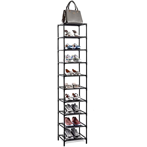 ZOINLIY 10 Tiers Vertical Shoe Rack Space Saving Metal Shoe Shelf Organizer 10 Pairs Narrow Shoe Organizer for Entryway Black