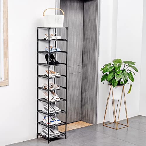 ZOINLIY 10 Tiers Vertical Shoe Rack Space Saving Metal Shoe Shelf Organizer 10 Pairs Narrow Shoe Organizer for Entryway Black