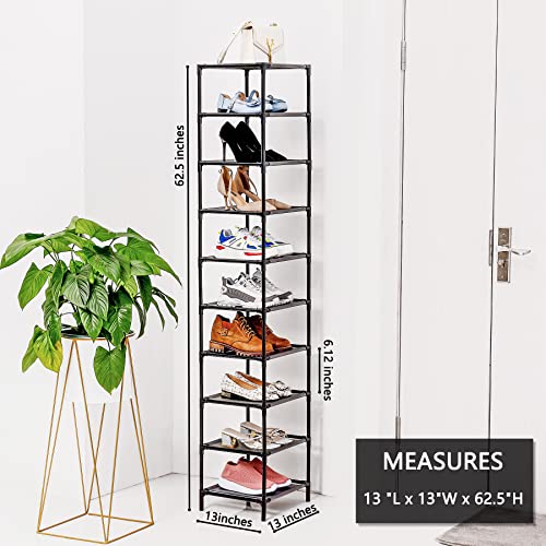 ZOINLIY 10 Tiers Vertical Shoe Rack Space Saving Metal Shoe Shelf Organizer 10 Pairs Narrow Shoe Organizer for Entryway Black