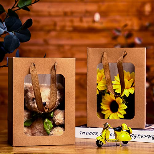 Yexiya 15 Pcs Paper Gift Bags with Clear Window, 7 x 5 x 10 Inch Kraft Paper Bags with Handles Transparent Flower Bouquet Bags for Present Bridal Shower Festivals Party (Kraft Color)