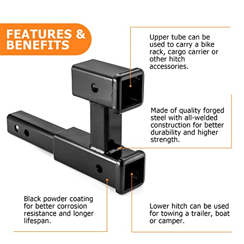 WeiSen Dual Receiver Extender Adjustable Towing Hitch Extension Compatible with 2 inch Square Receivers Hitch Tube, 15 inch Overall Length, Use 5/8" Hitch Pin or Lock (NOT Include)