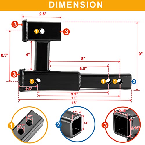 WeiSen Dual Receiver Extender Adjustable Towing Hitch Extension Compatible with 2 inch Square Receivers Hitch Tube, 15 inch Overall Length, Use 5/8" Hitch Pin or Lock (NOT Include)