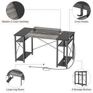 armocity Computer Desk, 55 Inch Desk with Power Outlet and USB, Reversible Large Desk with Moveable Monitor Stand, Industrial Gaming PC Table for Home Office, Workstation, Black Oak and Black