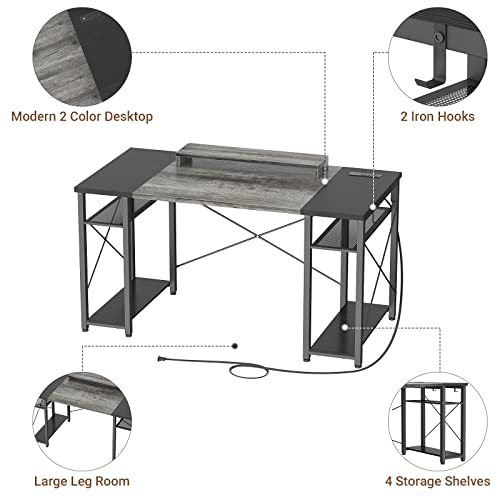 armocity Computer Desk, 55 Inch Desk with Power Outlet and USB, Reversible Large Desk with Moveable Monitor Stand, Industrial Gaming PC Table for Home Office, Workstation, Black Oak and Black