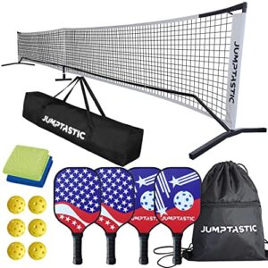 carbon fiber pickleball set with net, pickleball set include 4 carbon fiber paddles, 22ft uv-resistant pe pickleball net and anti-rust frame, 6 pickleballs, 2 portable carry bags, 2 cooling towels