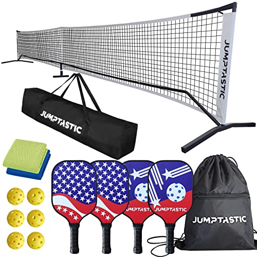 Carbon Fiber Pickleball Set with Net, Pickleball Set Include 4 Carbon Fiber Paddles, 22ft UV-Resistant PE Pickleball Net and Anti-Rust Frame, 6 Pickleballs, 2 Portable Carry Bags, 2 Cooling Towels