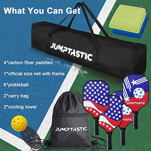 Carbon Fiber Pickleball Set with Net, Pickleball Set Include 4 Carbon Fiber Paddles, 22ft UV-Resistant PE Pickleball Net and Anti-Rust Frame, 6 Pickleballs, 2 Portable Carry Bags, 2 Cooling Towels