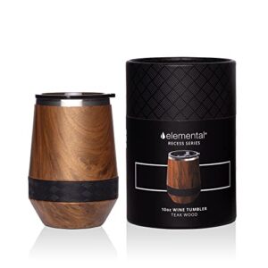 elemental wine tumbler, 10oz stainless steel wine glasses, vacuum insulated stemless cup, coffee tumbler, shatter-proof sip lid, teak wood