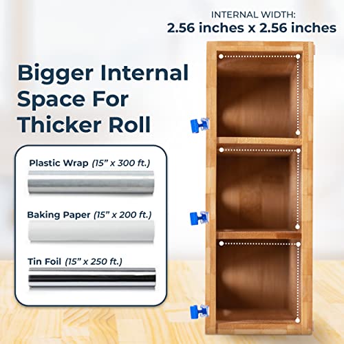 Foil Organizer for Drawer 15"- Long Bamboo Foil and Plastic Wrap Organizer, 3.8" tall 3 in 1 Wrap Dispenser with Cutter for Plastic Wrap, Tin Foil, Wax Paper up to 250 FT, Parchment Paper Up to 200 FT