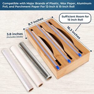 Foil Organizer for Drawer 15"- Long Bamboo Foil and Plastic Wrap Organizer, 3.8" tall 3 in 1 Wrap Dispenser with Cutter for Plastic Wrap, Tin Foil, Wax Paper up to 250 FT, Parchment Paper Up to 200 FT