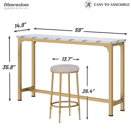 JOSMORE Gold Bar Table and Chairs Set, Marble Bar Table Set, Pub Height Table with Bar Stools, Modern Dining Table Sets for Kitchen and Living Room