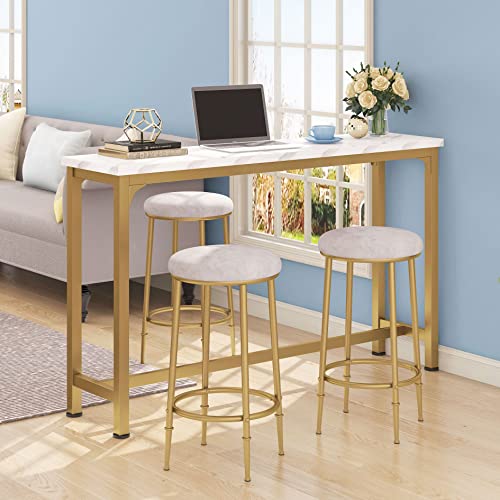 JOSMORE Gold Bar Table and Chairs Set, Marble Bar Table Set, Pub Height Table with Bar Stools, Modern Dining Table Sets for Kitchen and Living Room