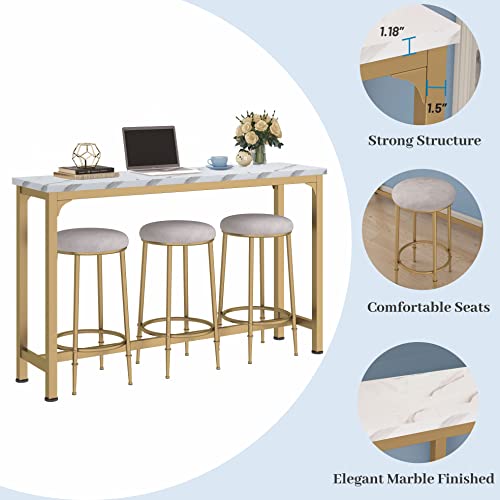 JOSMORE Gold Bar Table and Chairs Set, Marble Bar Table Set, Pub Height Table with Bar Stools, Modern Dining Table Sets for Kitchen and Living Room