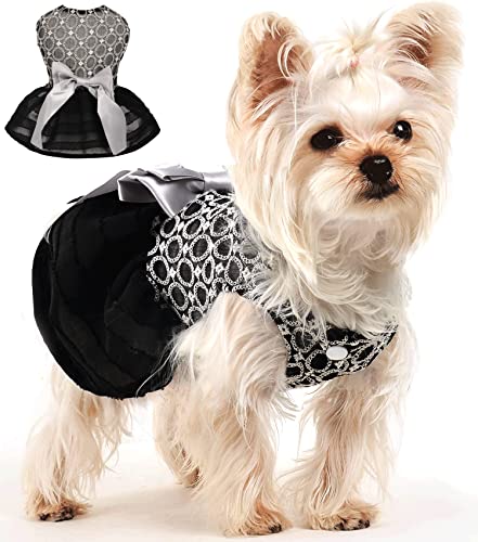 Yikeyo Dog Dress for Small Dogs Girl Female Dog Clohtes Pet Puppy Stripe Tutu with Flowers Dog Princess Dresses Clothing for Summer Beach Outfit Apparel for Chihuahua Yorkies (Black, X-Small)