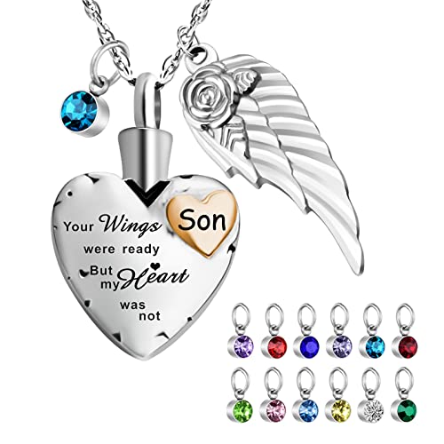 abooxiu Heart Urn Necklaces for Ashes with 12 Pcs Birthstones Cremation Necklace for Ashes Stainless Steel Cremation Jewelry for Son - Your Wings Were Ready, But My Heart Was Not