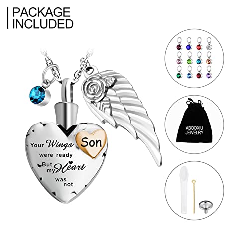 abooxiu Heart Urn Necklaces for Ashes with 12 Pcs Birthstones Cremation Necklace for Ashes Stainless Steel Cremation Jewelry for Son - Your Wings Were Ready, But My Heart Was Not