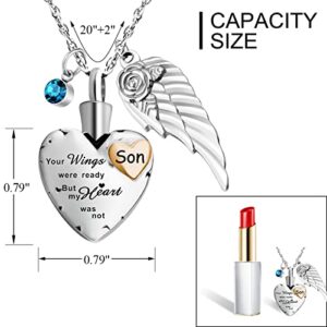 abooxiu Heart Urn Necklaces for Ashes with 12 Pcs Birthstones Cremation Necklace for Ashes Stainless Steel Cremation Jewelry for Son - Your Wings Were Ready, But My Heart Was Not