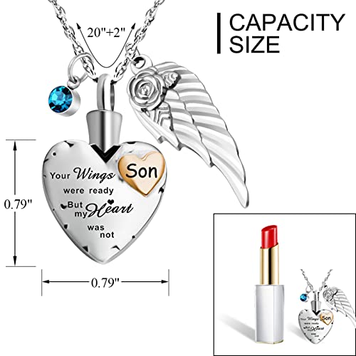 abooxiu Heart Urn Necklaces for Ashes with 12 Pcs Birthstones Cremation Necklace for Ashes Stainless Steel Cremation Jewelry for Son - Your Wings Were Ready, But My Heart Was Not