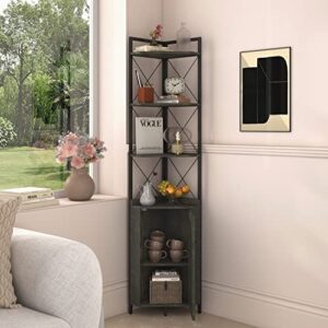 ircpen 5-tier standing corner shelf,70.5" tall ladder corner storage cabinet with doors,rustic display rack multipurpose bookshelf bookcase,plant stand for living room, bedroom (12.6x18.9x70.47inches)